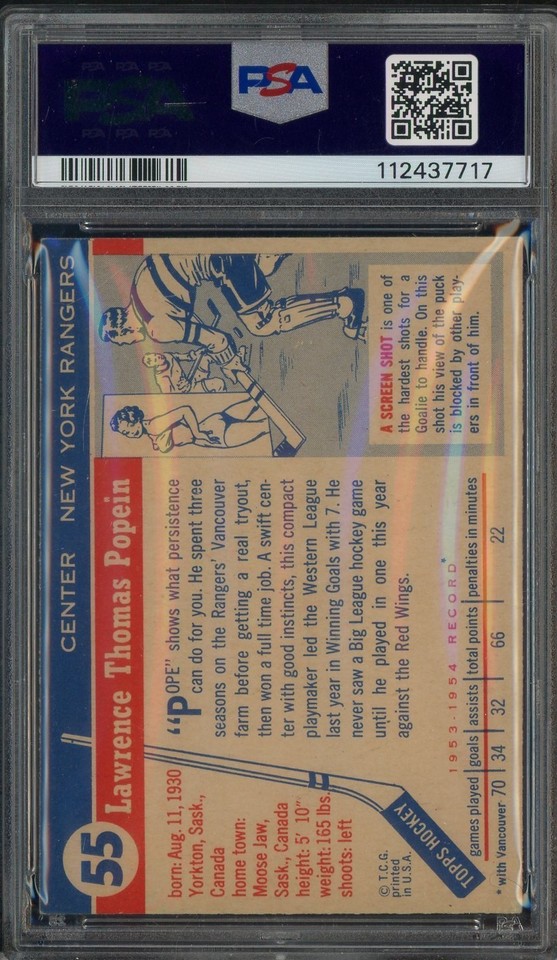 1954 Topps Hockey #55 Larry Popein New York Rangers PSA 5 EX | eBay