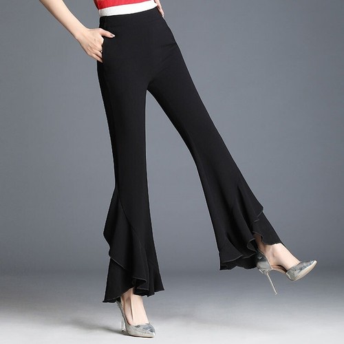 Women Chiffon Flare Pants Bell-Bottom Ruffle Dance Yoga See Through ...