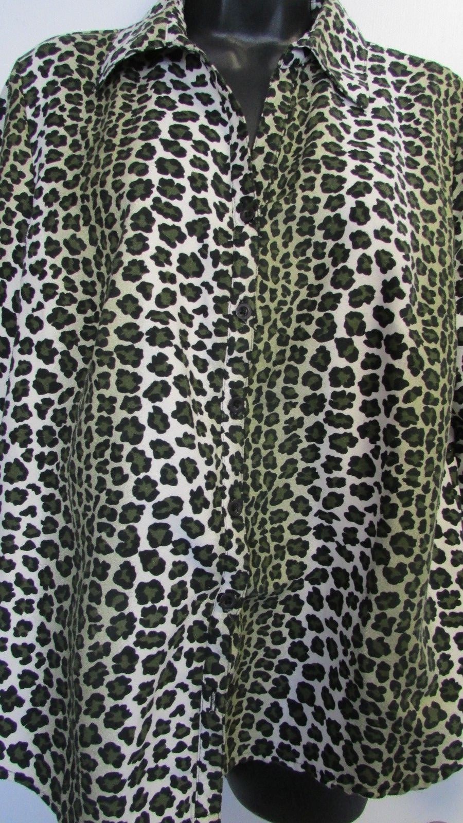 Womens Large Olive Green Leopard Print Button Front top Shirt Blouse ...