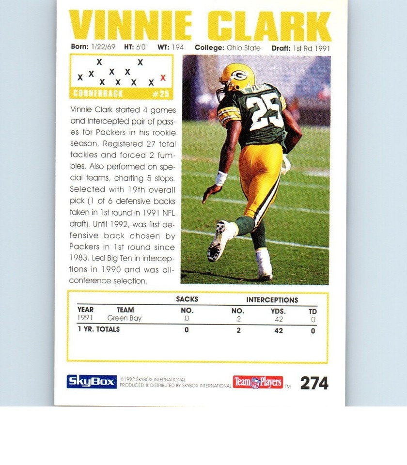 Vinnie Clark 274 Packers 1992 Skybox Football Trading Card | eBay