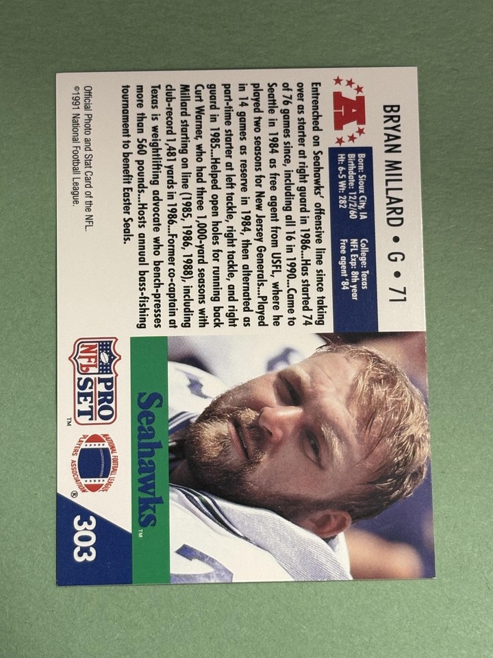 Bryan Millard 1991 Pro Set Seattle Seahawks #303 CC587 | eBay