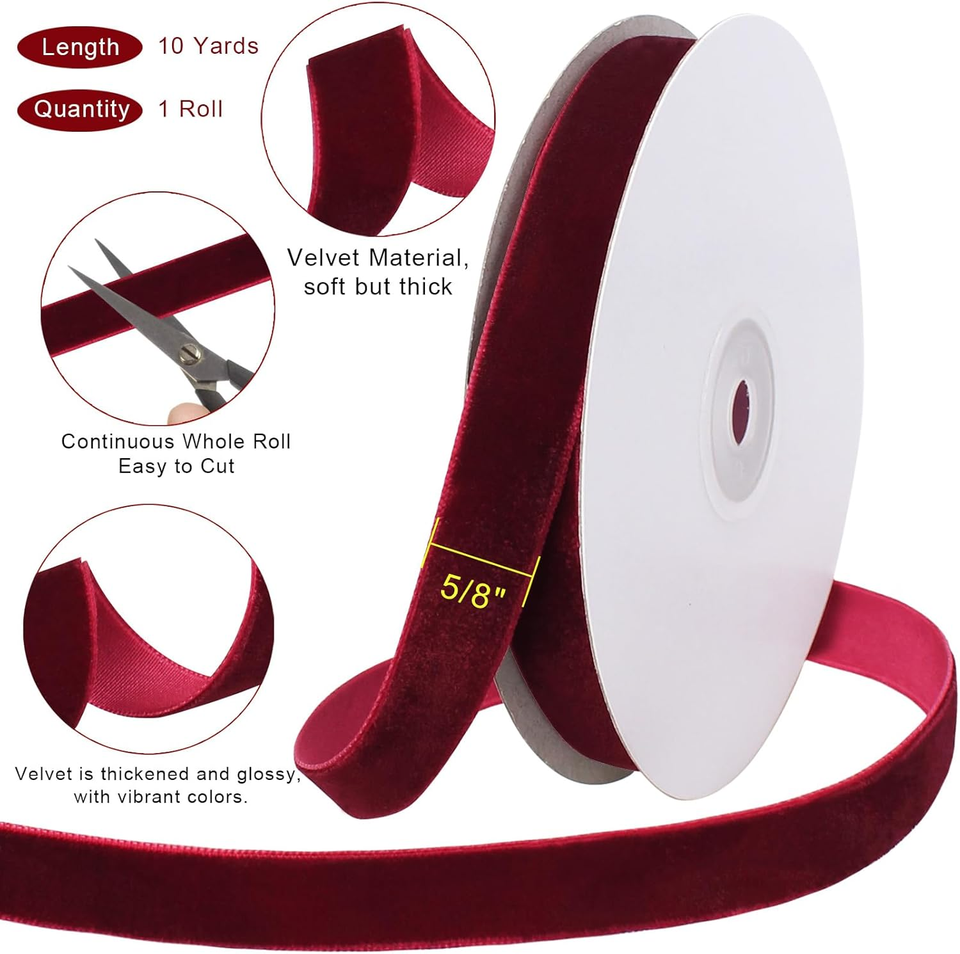 10 Yards Burgundy Velvet Ribbon Christmas Tree,5/8 Inch Dark Red Velvet ...