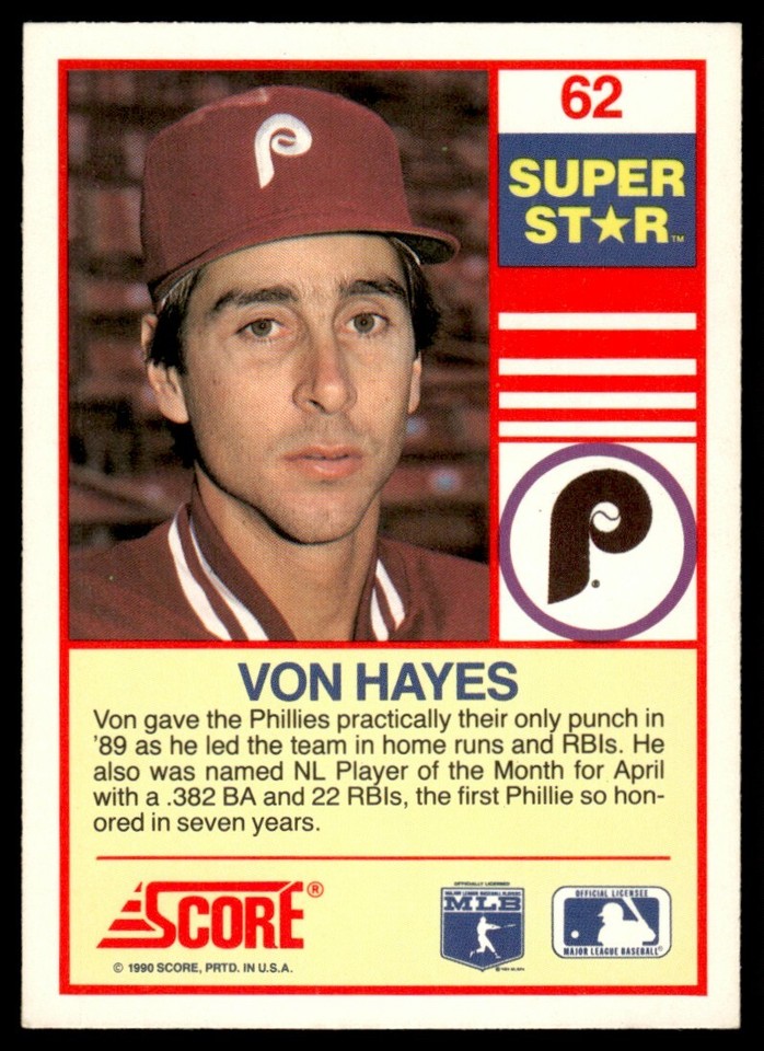1990 Score 100 Superstars #62 Von Hayes Philadelphia Phillies | eBay