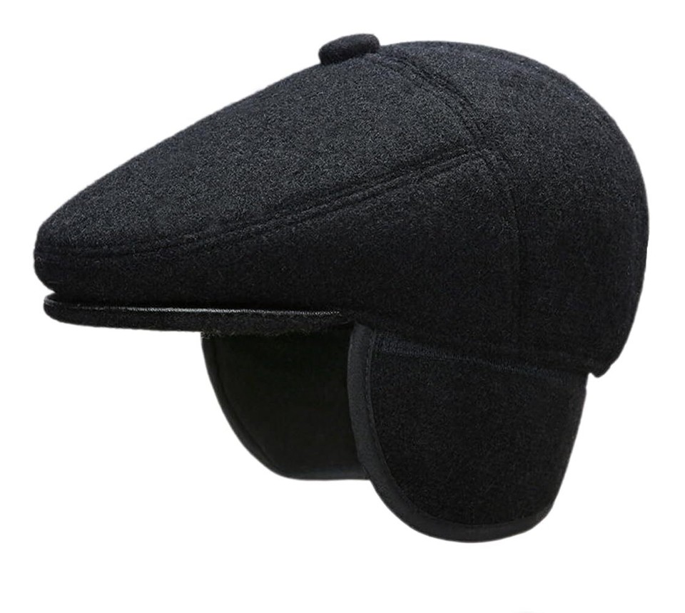 Men's Winter Flat Cap with Ear Flaps Wool Warm Newsboy Hat Derby Tweed ...