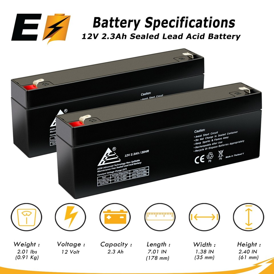 2pk: 12V 2.3Ah AGM SLA Replaces Liko Likorall R2R Patient Lift Medical ...