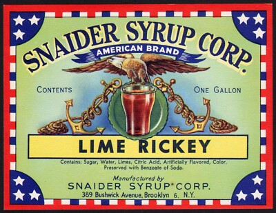 Vintage soda pop bottle label SNAIDER SYRUP LIME RICKEY eagle pic ...