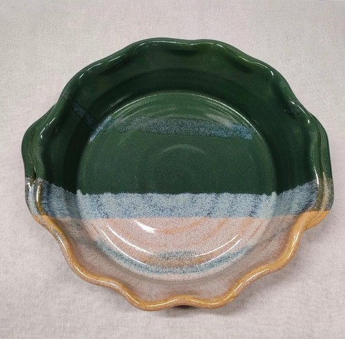 Hand Made Pottery Ruffle Rim Bowl 6-1/2" Tri-Color Clear Glaze Signed ...