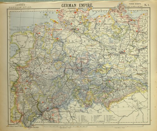 1882 LETTS MAP GERMAN EMPIRE HANOVER WESTPHALIA LIPPE NASSAU SAXONY ...