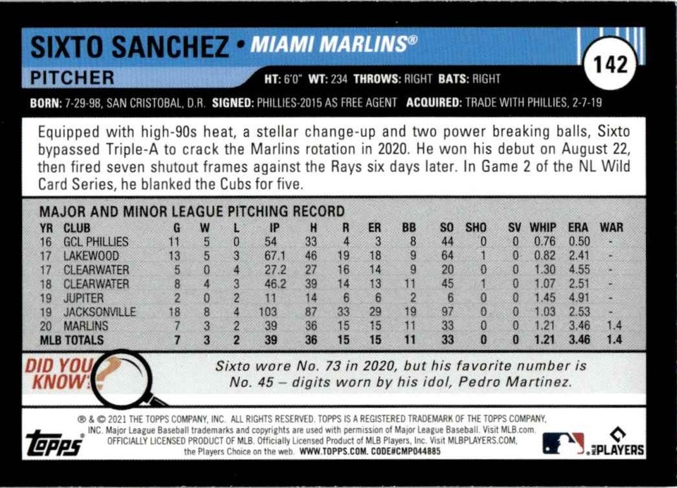 2021 Topps Big League Sixto Sanchez RC RC Miami Marlins #142 13115 | eBay