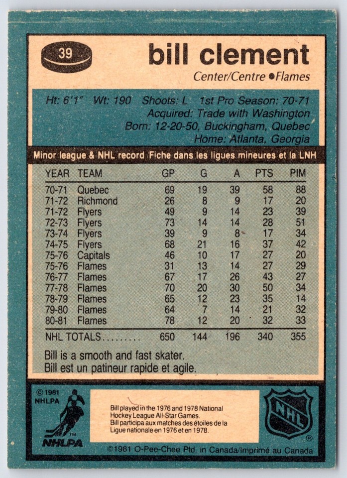 BILL CLEMENT 1981-82 O-PEE-CHEE 81-82 NO 39 NRMINT+ 58519 | eBay