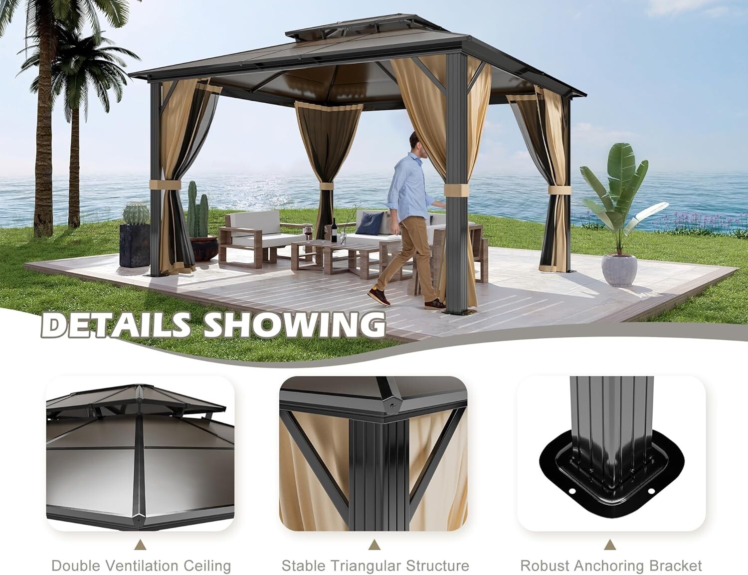 10'x12' Hardtop Gazebo, Outdoor Polycarbonate Double Roof Gazebo | eBay