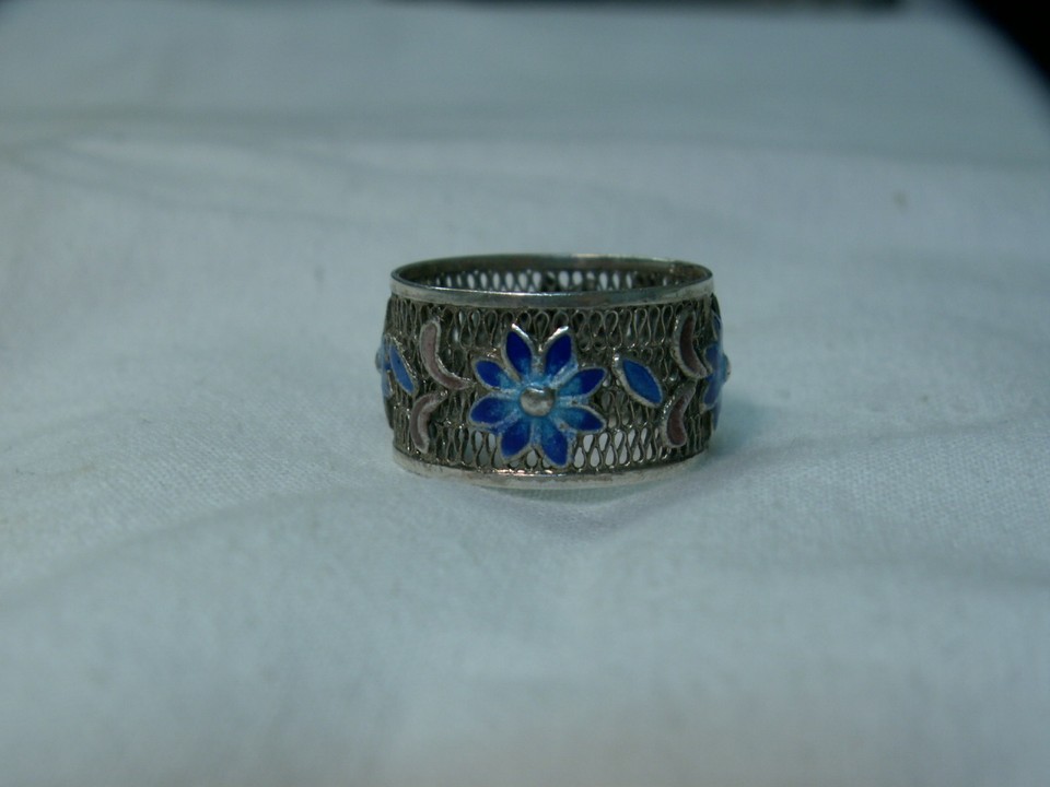 Wide Sterling Silver Filigree, Enamel Flowers & Leaves Band Ring | eBay UK