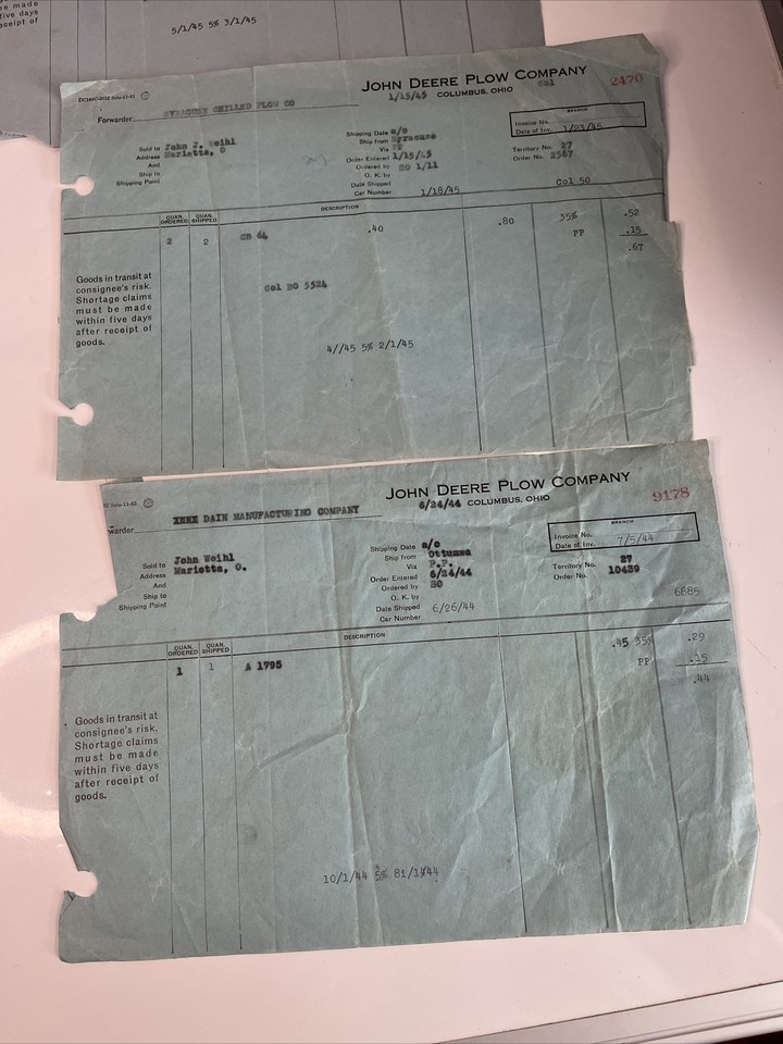 1944-45 John Deere Plow Company Paperwork Invoices Packing List Freight ...