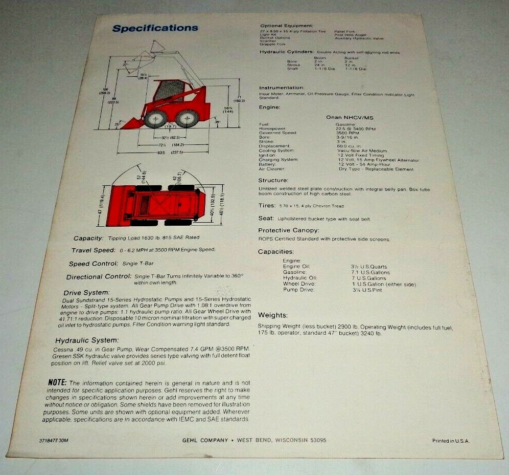 Gehl 3000 Skid Steer Loader Sales Brochure 1977 Literature Ad ...