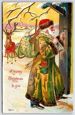 Postcard Yellow Green Santa Claus In Sleigh Reindeer Tree Christmas ...