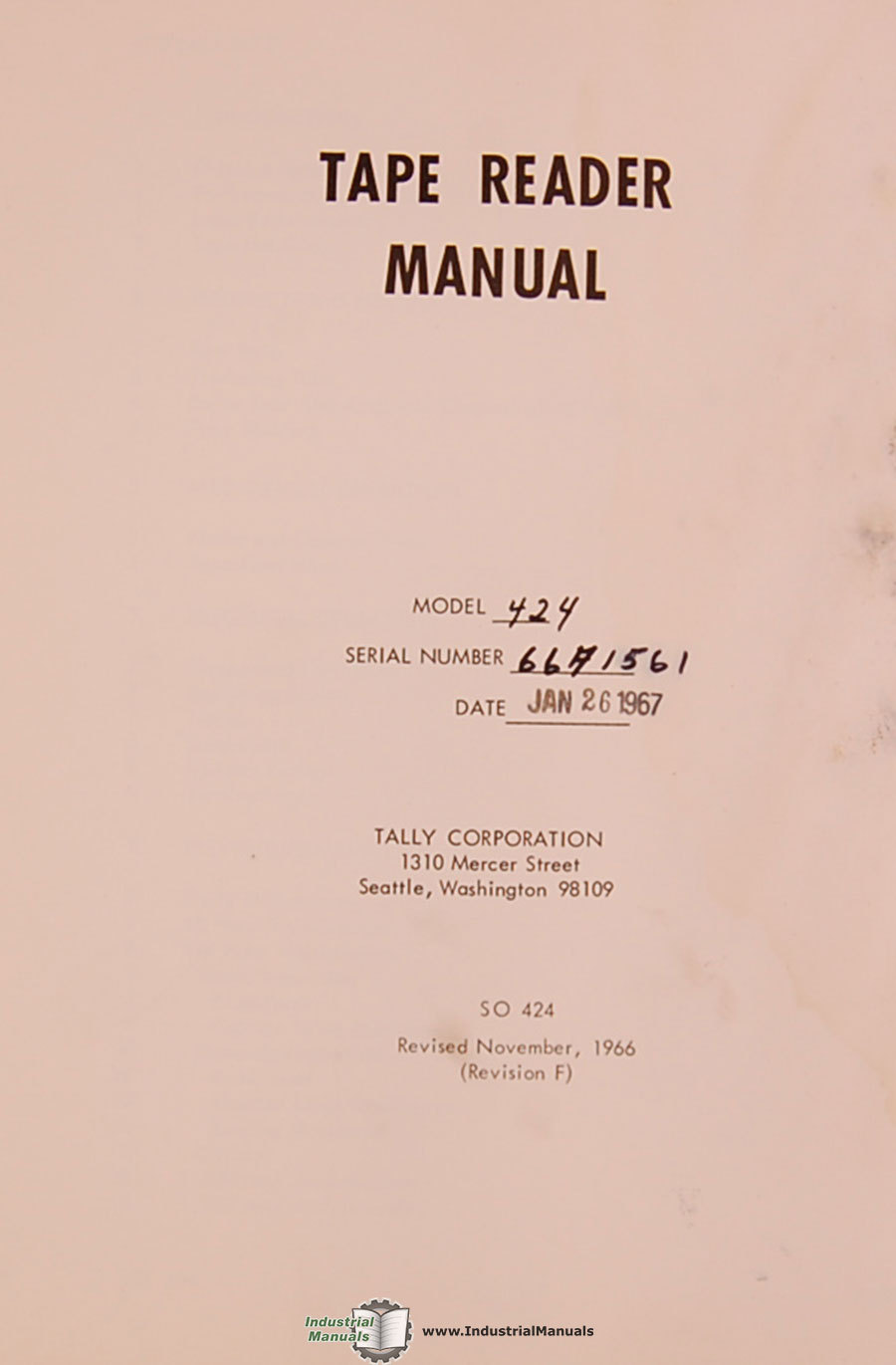 Tally SO 424, Tape Reader Operations Maintenance and Parts Manual 1966 ...