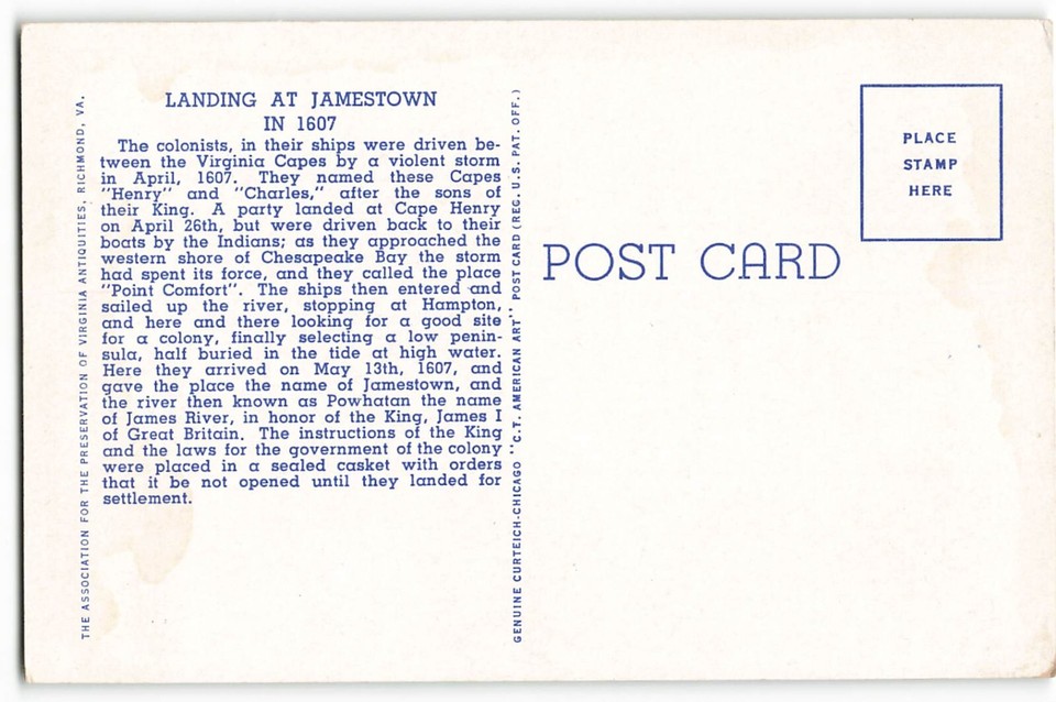 Postcard Landing at Jamestown in 1607 colonists and their ships VTG ME8 ...