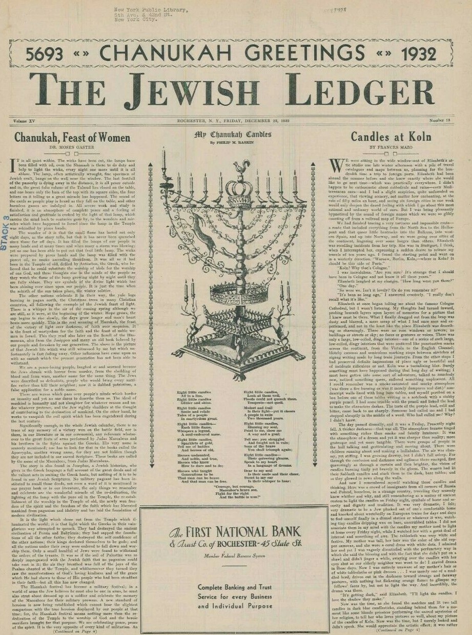 Chanukah Feast of Women Candles at Cologne Jewish Ledger December 23 ...