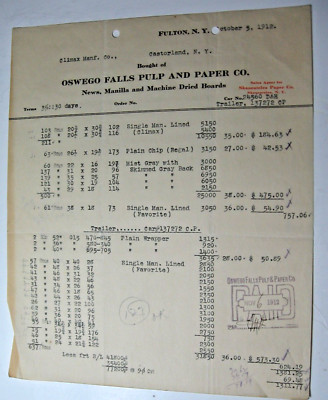 Oct. 5, 1912 Oswego Falls Paper Co. Invoice Sent to Company in ...
