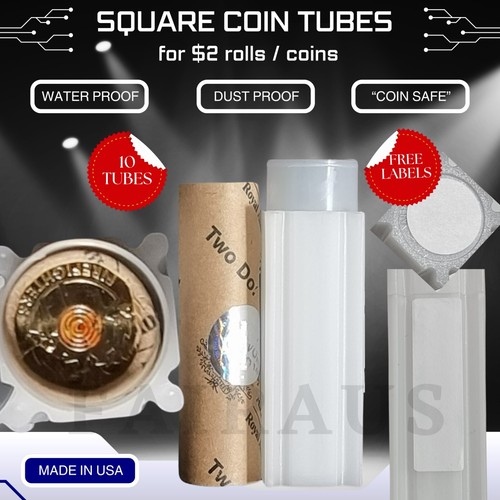 10 Coin Tubes for $2 coins, rolls 2 cent coins 22.6mm diam US made ...