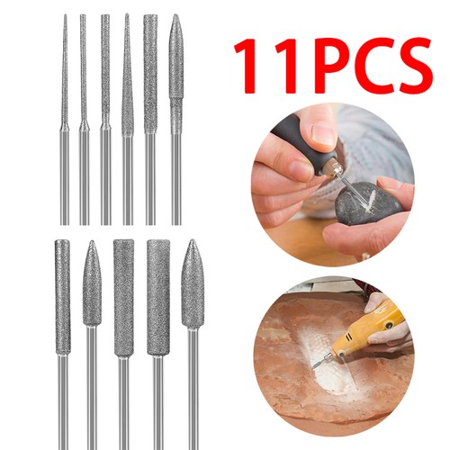 11Pcs Diamond Burr Stone Carving Grinding Bits 1/8" Shank for Dremel ...