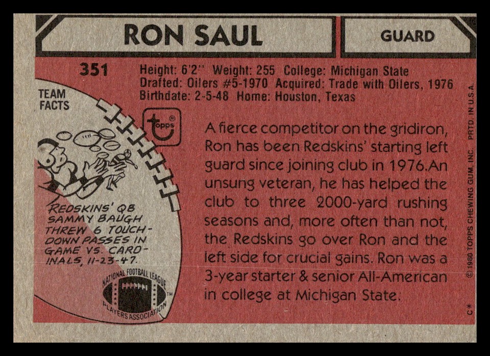 1980 Topps #351 Ron Saul Washington Redskins Football Card VG/EX | eBay
