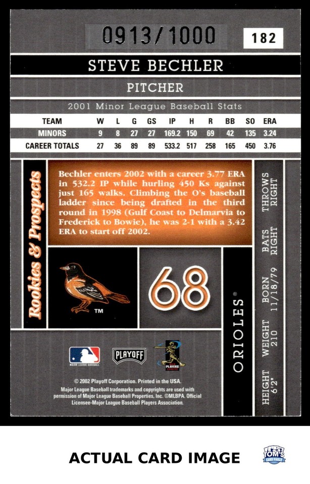 2002 Playoff Absolute Memorabilia #182 STEVE BECHLER Orioles #/1000 RC ...