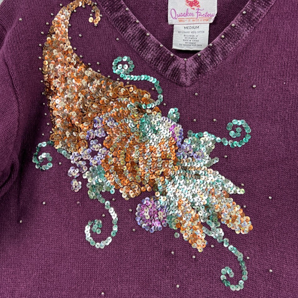 Quacker Factory Tunic Sweater Women's M Thanksgiving Cornucopia Sequins ...