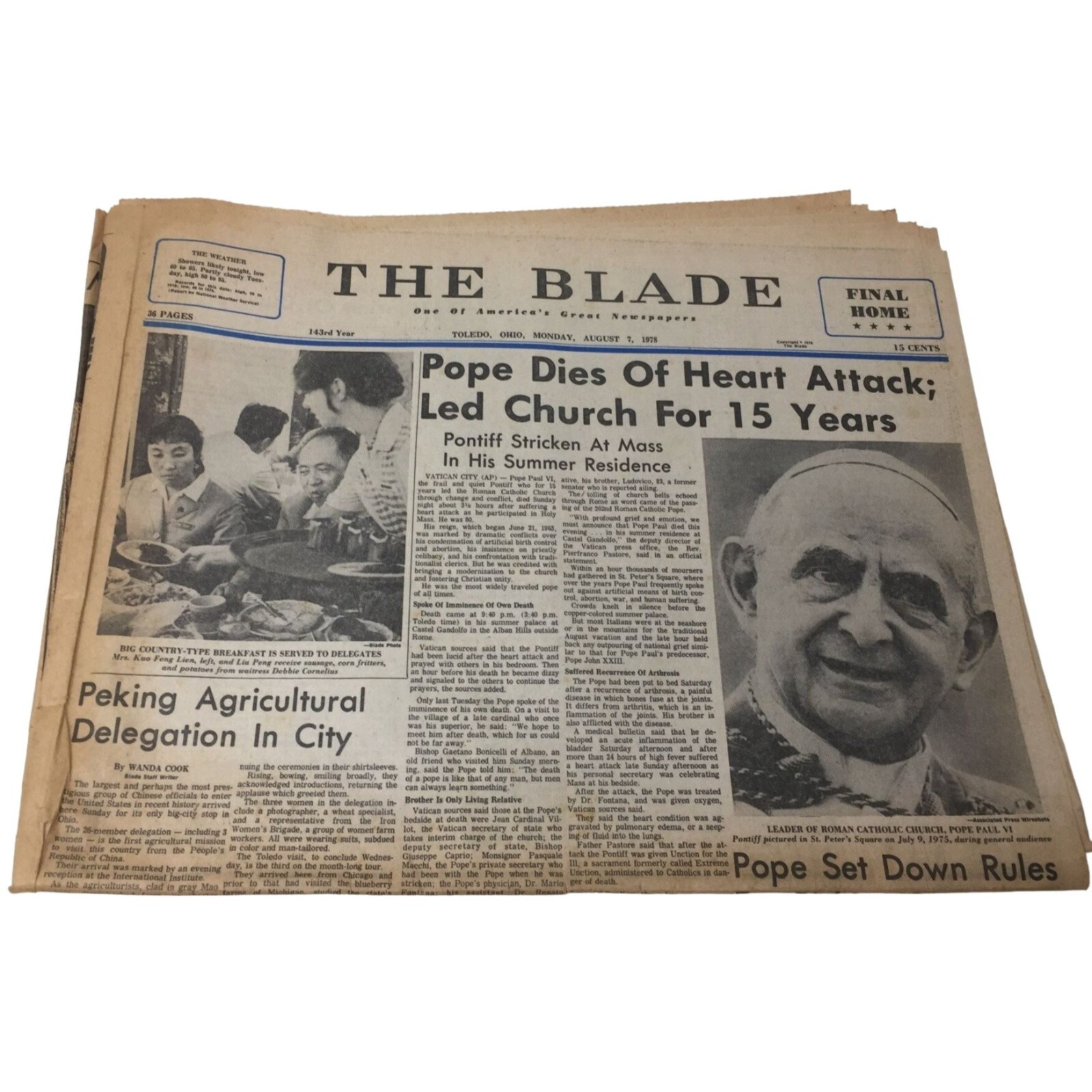 The Blade Newspaper Mon. August 7, 1978 Pope Dies of Heart Attack; Led ...