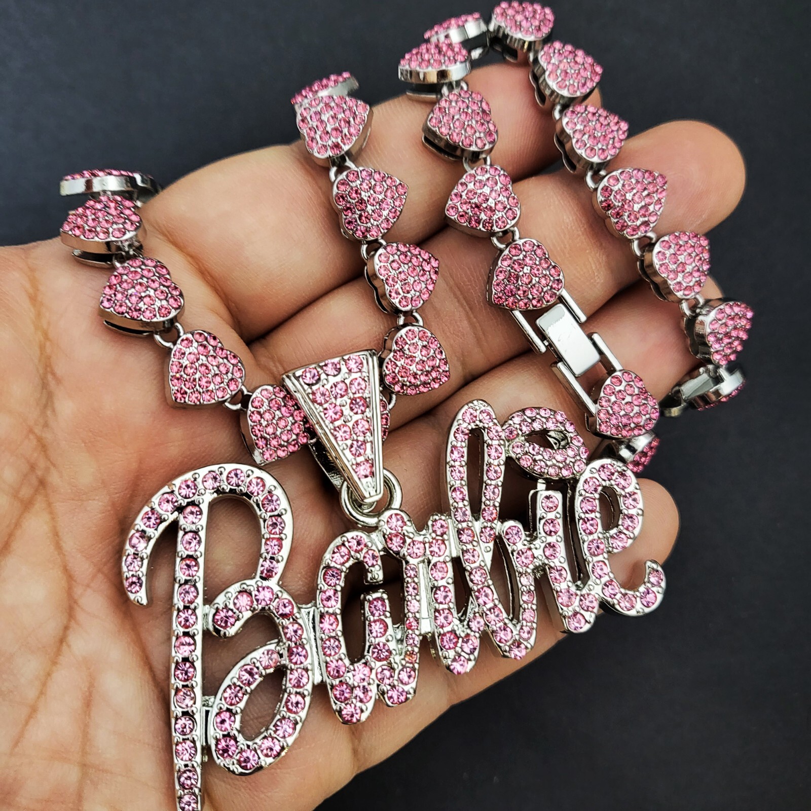 Women Silver Plated Pink Barbie & 20" Iced Cubic Zirconia Heart Chain ...