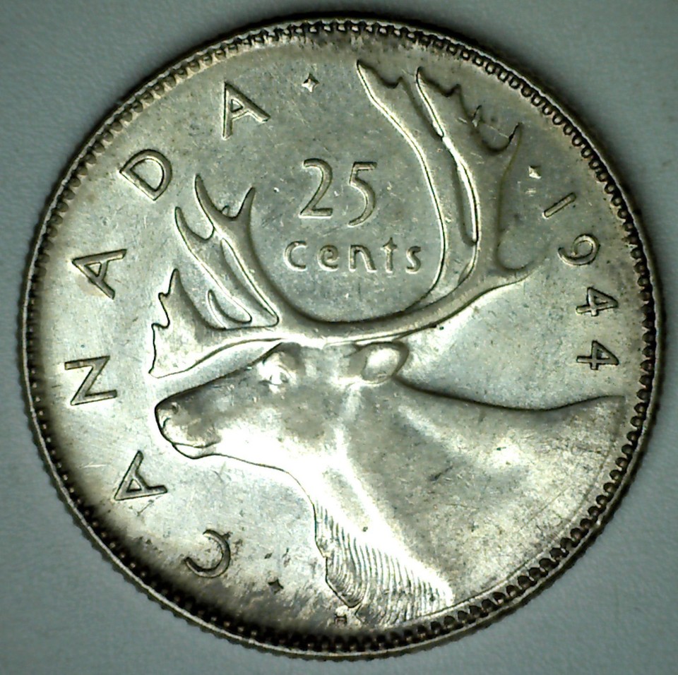 1944 Canada Silver 25 Cents AU 25c Canadian Quarter Almost Uncirculated ...