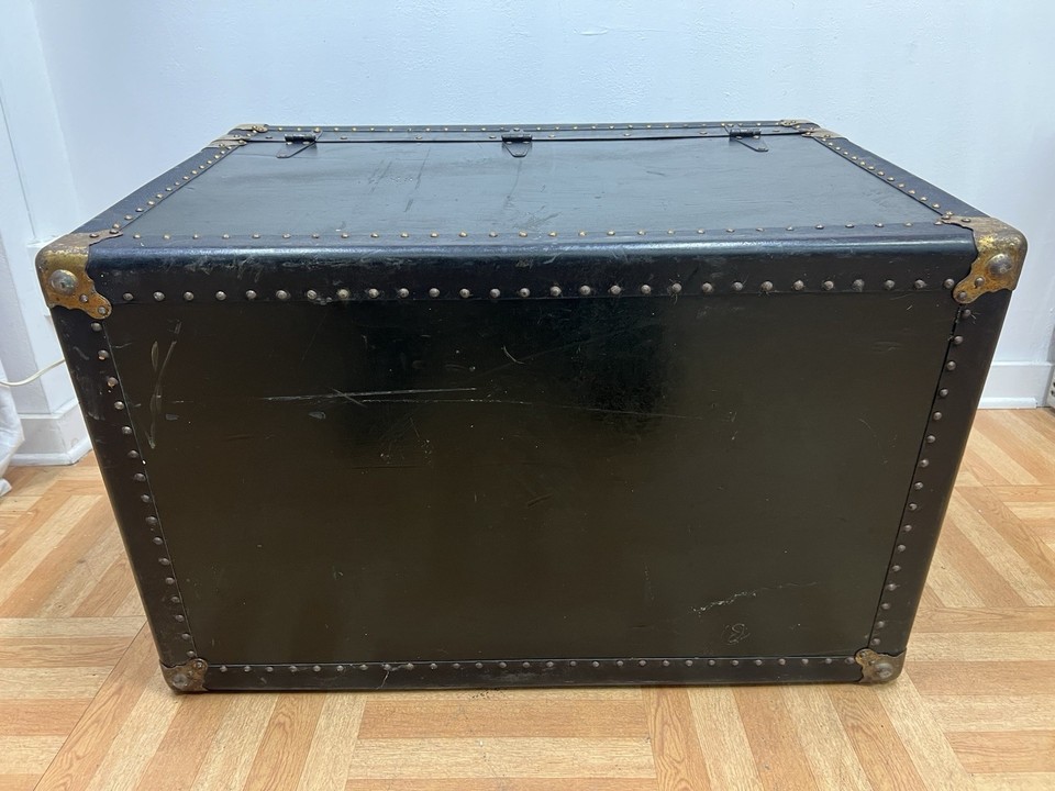 Vintage BLACK STORAGE TRUNK steamer chest box case coffee table luggage ...