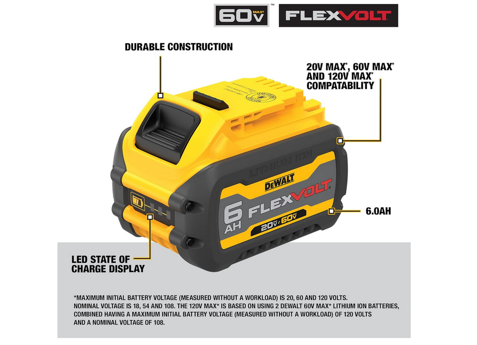 DEWALT - FLEXVOLT DCB606 20V - 60V - 120V MAX Premium Batteries 6.0-Ah ...