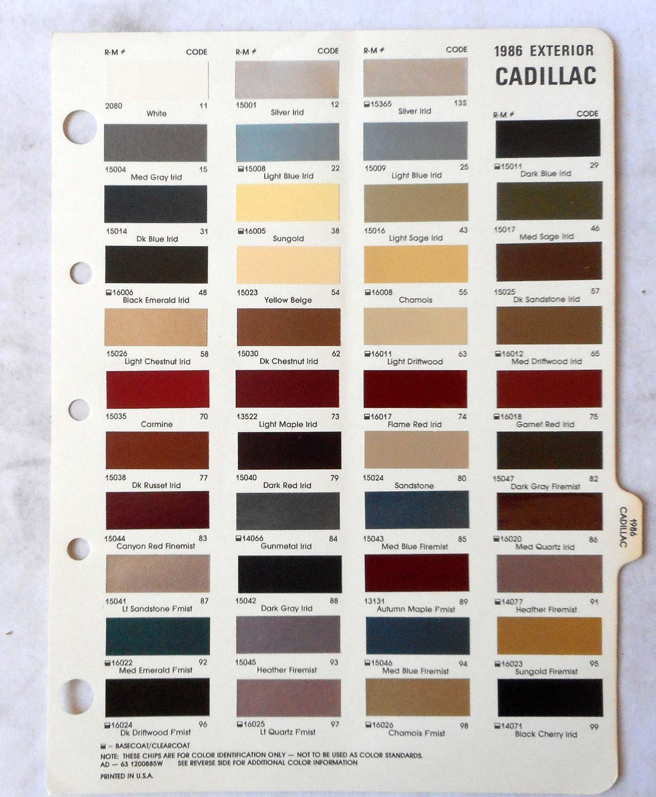 Cadillac Paint Color Chart