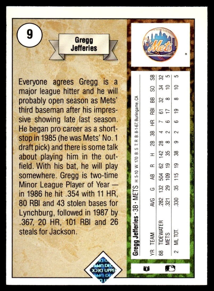 1989 Upper Deck 9 Gregg Jefferies Rookie RC New York Mets baseball card ...