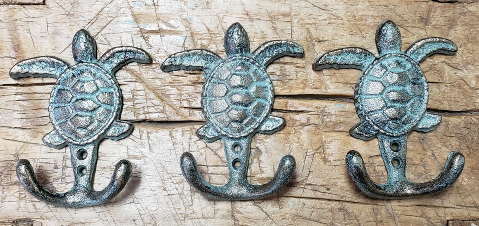 Cast Iron SEA TURTLE Towel Hanger Coat Hat Hooks Key Rack Hook Ocean ...