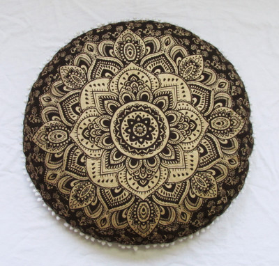 28" Black Golden Mandala Indian Pillow Cover Hippie Round Sitting ...