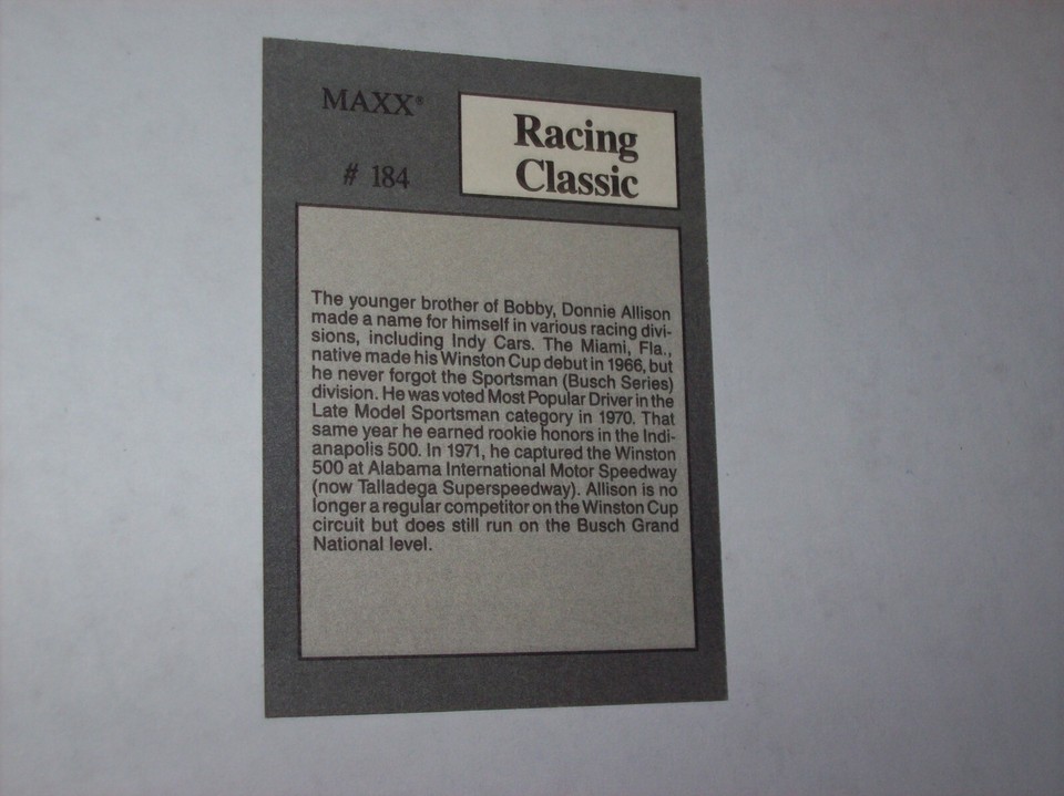 1989 Maxx Racing Classic Cards Donnie Allison Card #184 FACTORY SET ...