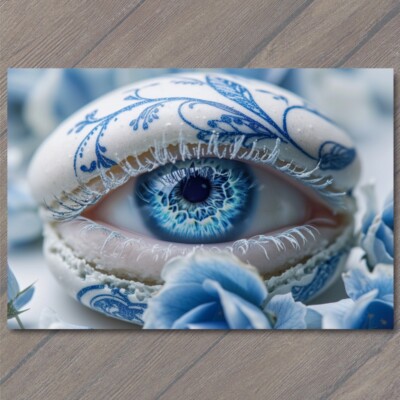 POSTCARD Macaron Eye Blue White Detailed Surreal Unusual Strange Weird ...