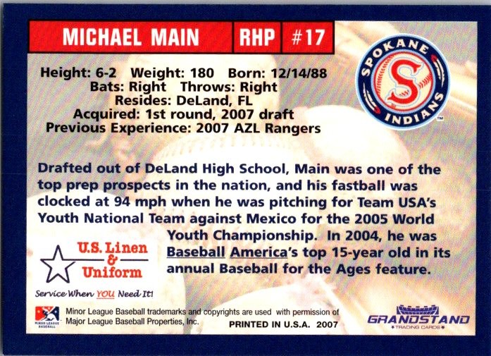 Michael Main 2007 Grandstand Spokane Indians Update #NNO Spokane ...