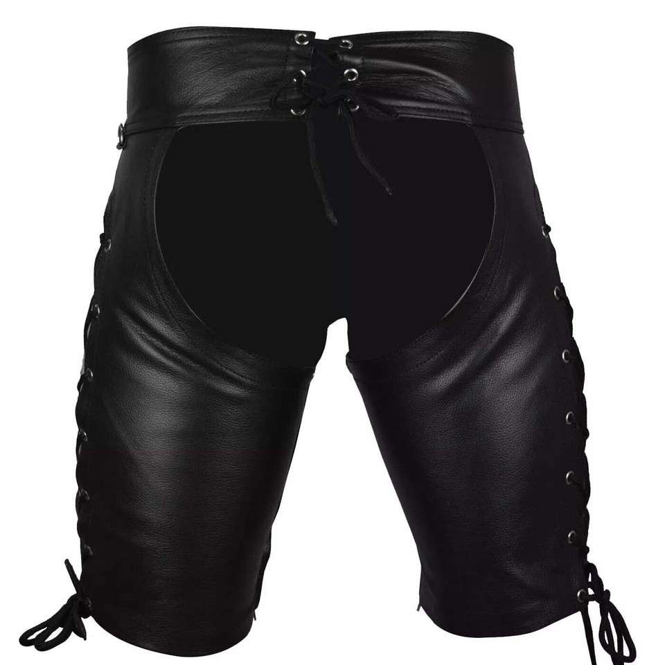 Men's Real Cowhide Leather Chaps with Detachable Codpiece Shorts Laces ...