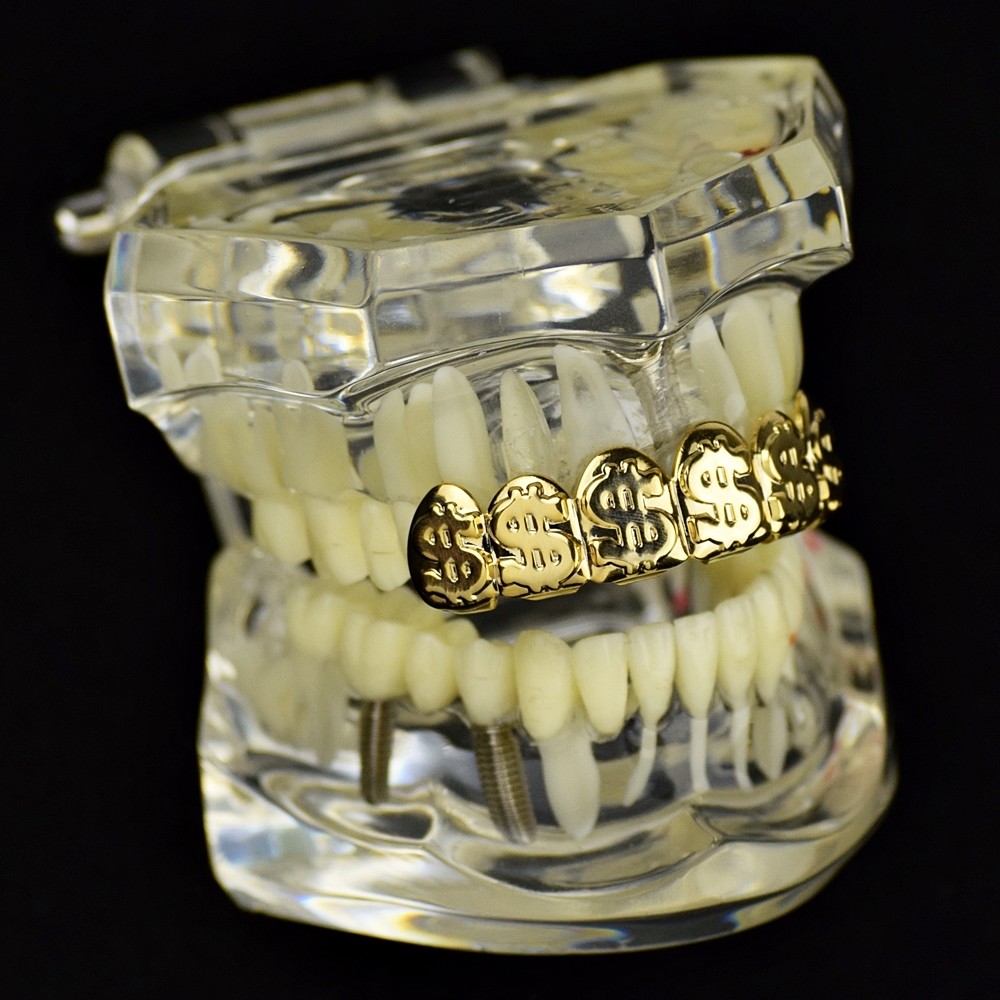 14k Gold Plated Grillz Dollar Signs $ Cash Money Upper Top Teeth Hip ...