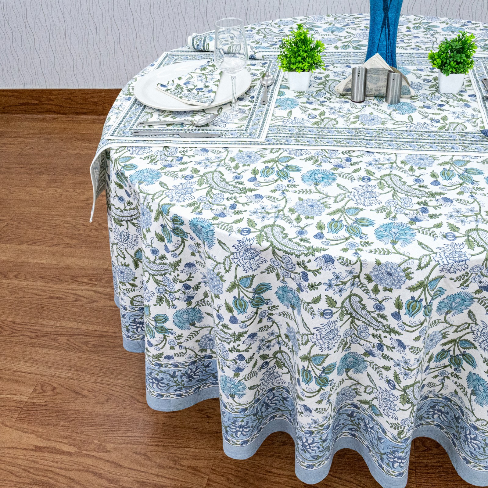 Round Table Linens Floral Block Printed Table Cloth Oval Table Cloth ...