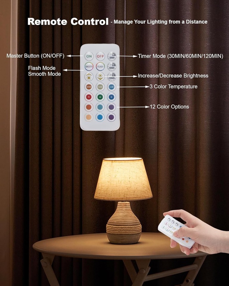 10” Small Ceramic Cordless Table Lamp with Timer, Dimmer, Linen Shade ...