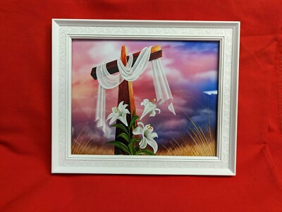 White Framed Easter Cross with White Robe & Easter Lillies in a field ...