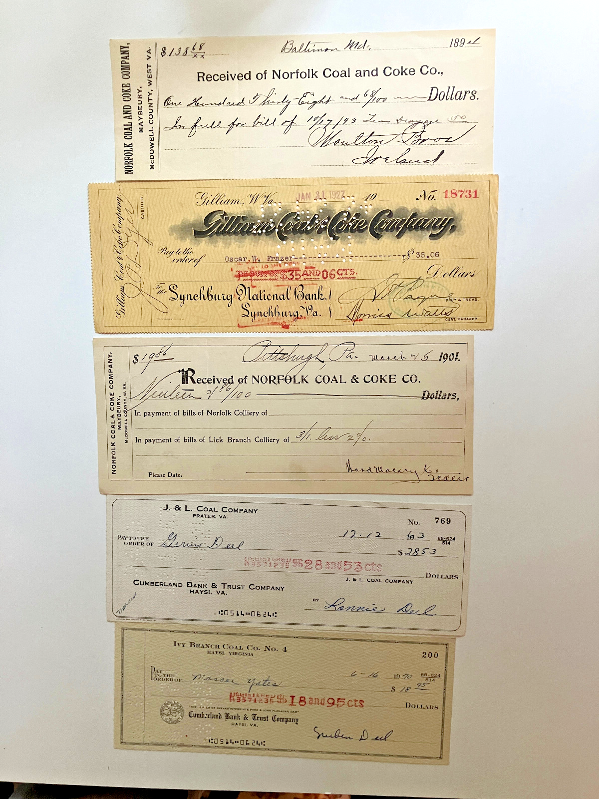 ( 5 ITEMS ) WEST VIRGINIA COAL & COKE BANK CHECK DRAFT CHECKS RECEIPT ...
