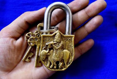 Lord Krishana Spiritual Design Padlock Brass Handmade Safety Temple ...