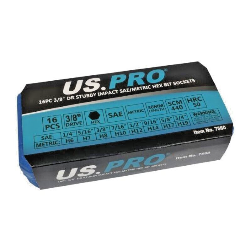 US PRO 16pc Stubby Hex Bit Impact Socket Set Metric/SAE Short Allen ...