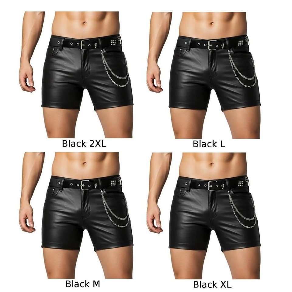 Men Casual Black Leather Look Shorts with Pockets Punk Nightclub Hot ...