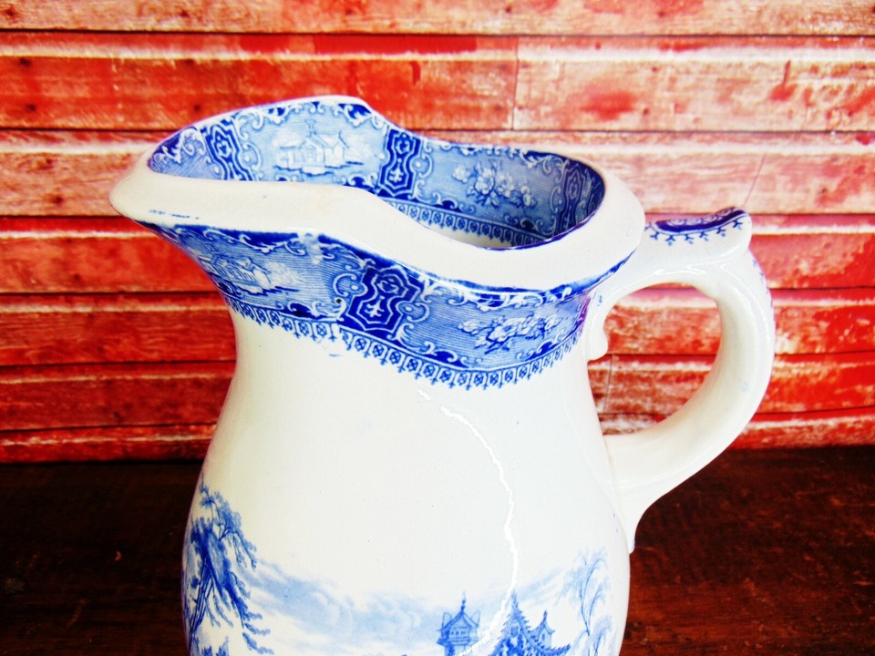ANTIQUE Staffordshire Blue Transferware Ironstone 10.5"Pitcher Jug ...